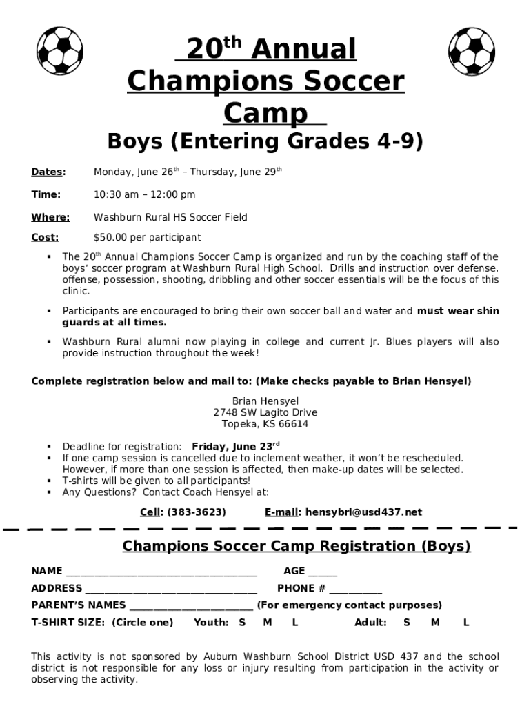 4th Annual Champions Soccer Camp Doc Template | pdfFiller