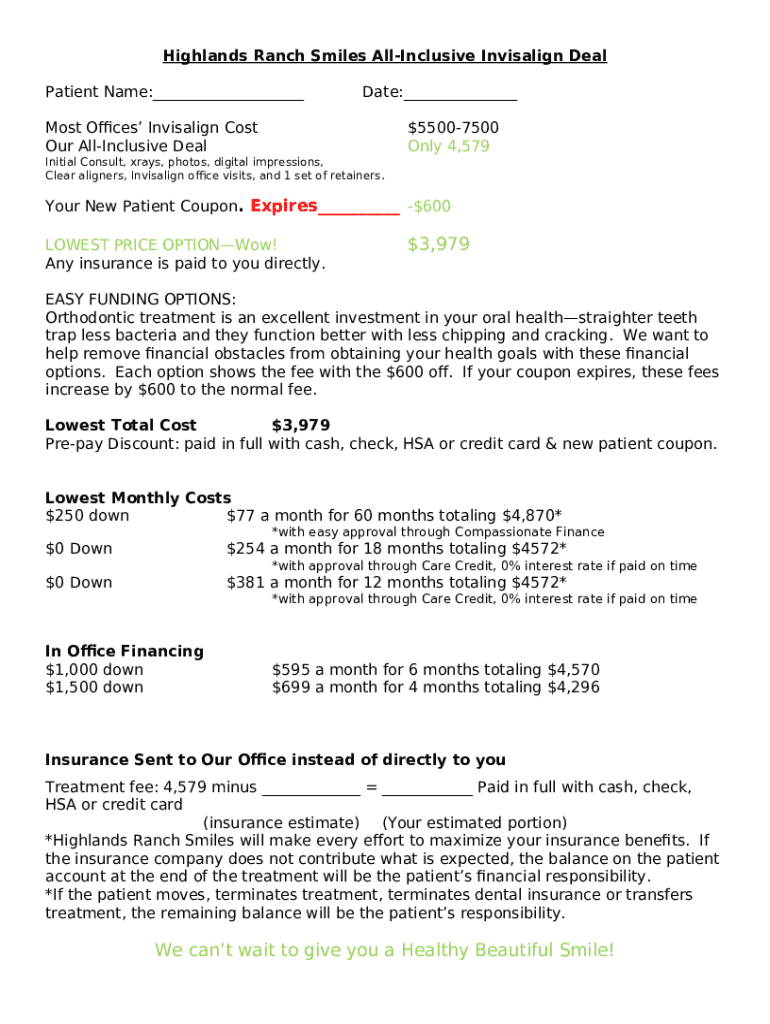 Invisalign Financial Worksheet - Get $600 Off Doc Template | pdfFiller
