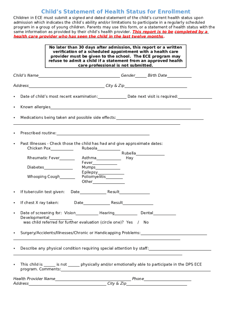 CHILD'S STATEMENT OF HEALTH STATUS FOR ... - skcee dpsk12 Doc Template ...
