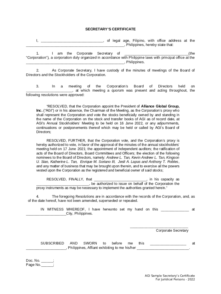 Secretary's Certificate with Anti-Graft Attestation Doc Template ...