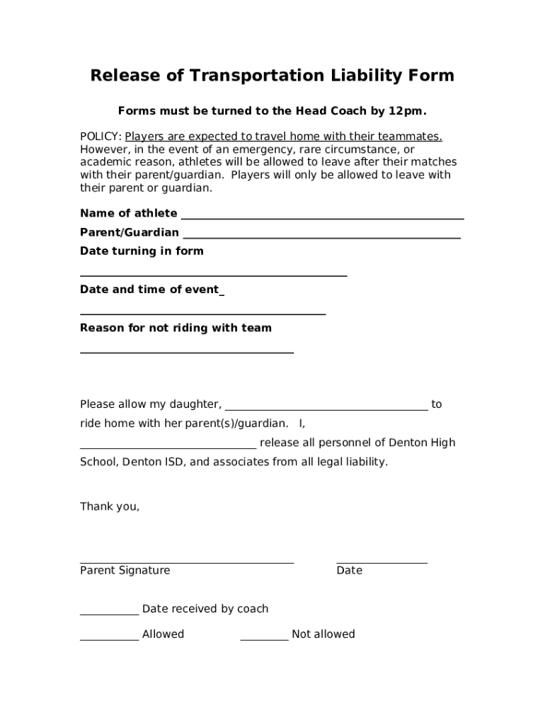 Release of Transportation Liability Doc Template | pdfFiller