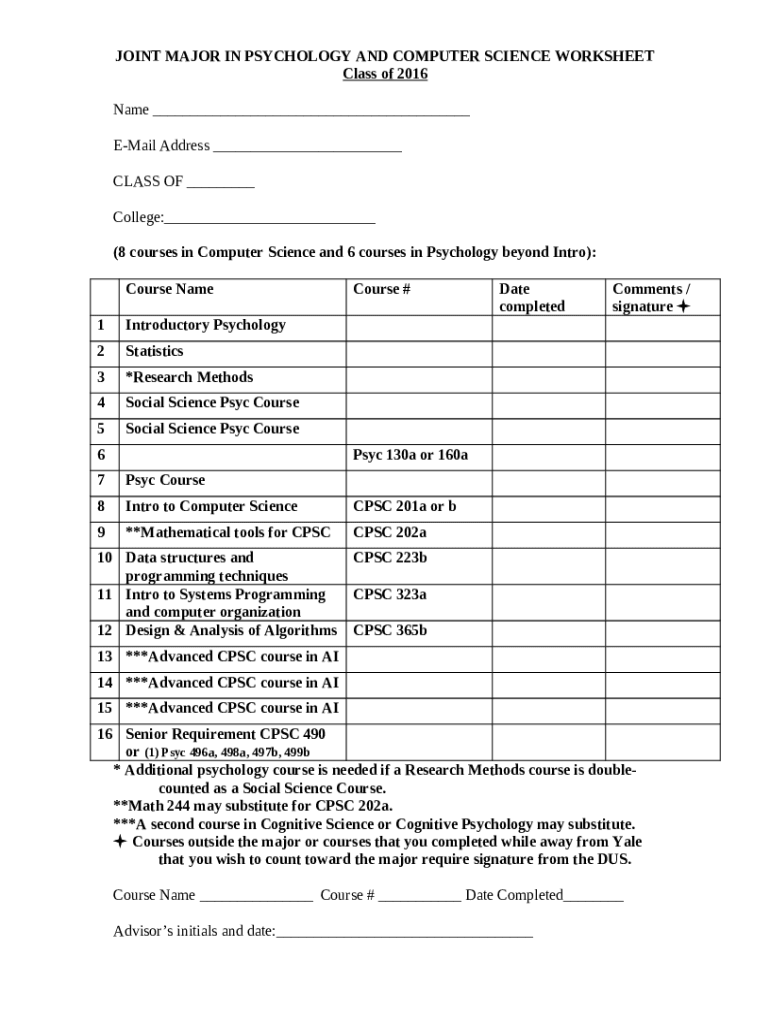 Psychology and Computer Science Worksheets - psychology yale Doc ...