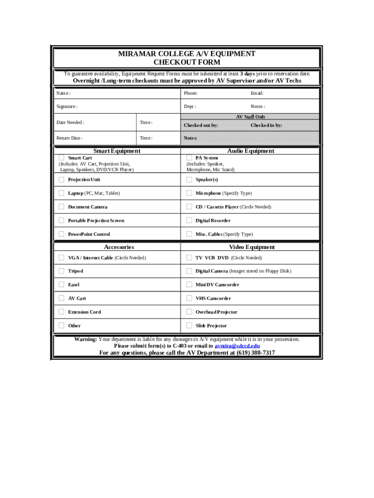 MIRAMAR COLLEGE A/V EQUIPMENT REQUEST Doc Template | pdfFiller
