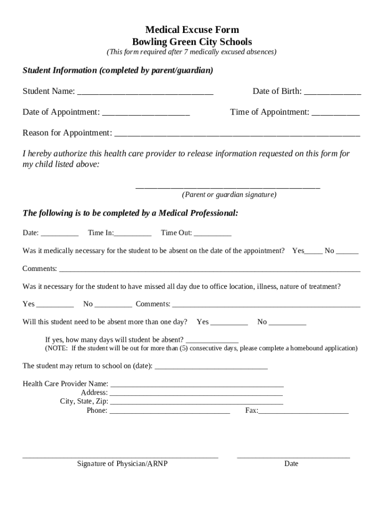 Medical Excuse Bowling Green City Schools Doc Template | pdfFiller