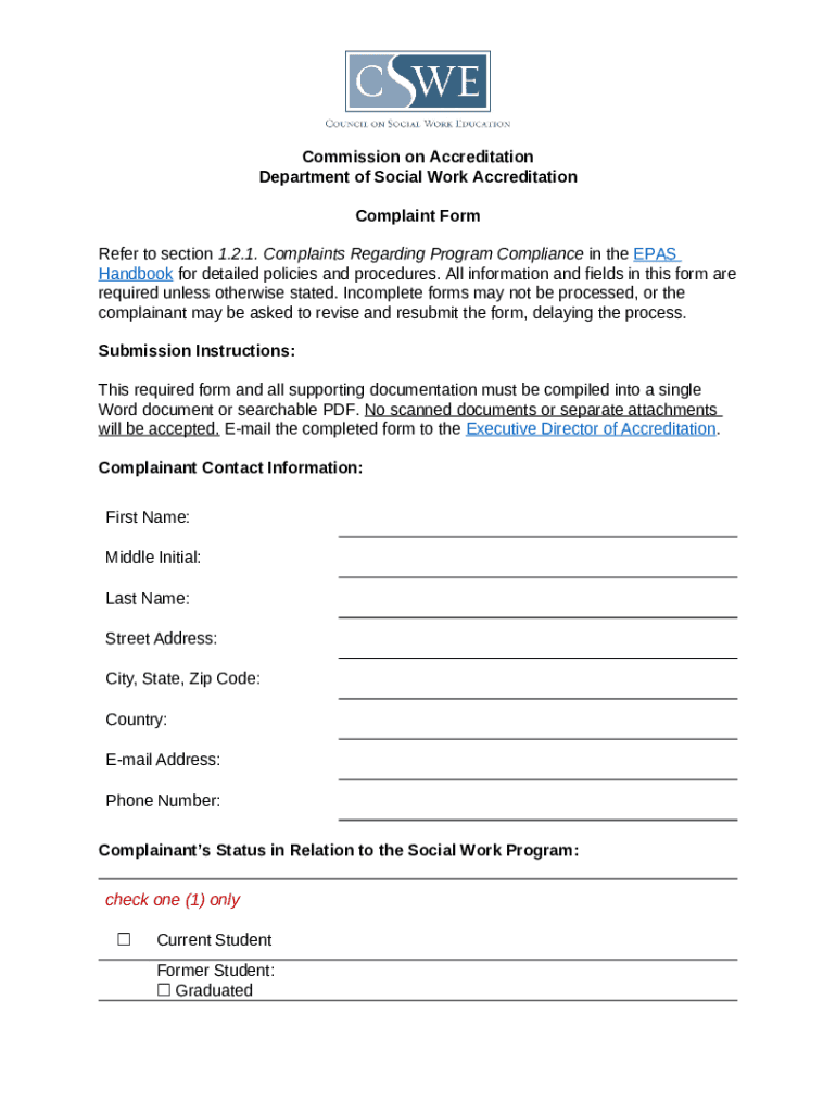 Council on Social Work Education (CSWE): Complaints Doc Template | pdfFiller