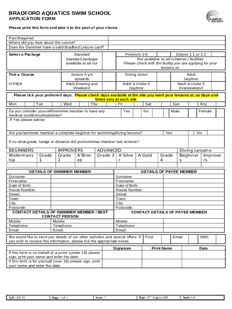 BRADFORD SWIMMING DEVELOPMENT Doc Template | pdfFiller
