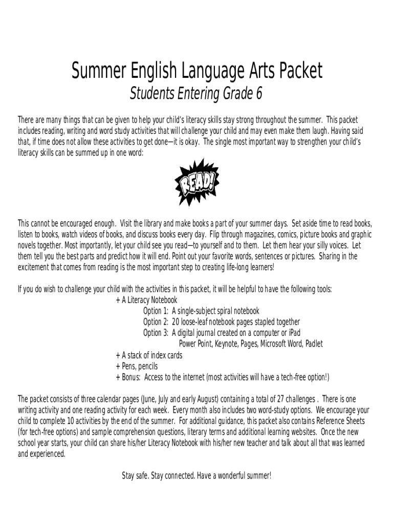 Language Arts 7th Grade Summer Instructional Packet Pdf Doc Template ...