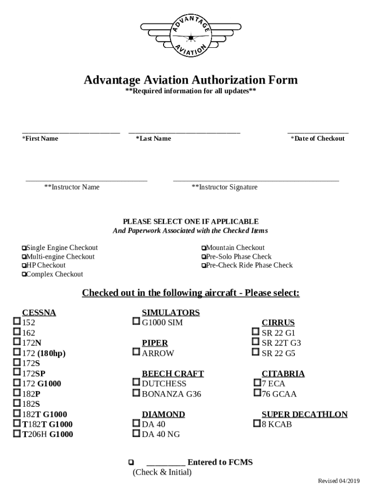 Advantage Aviation Authorization Doc Template | pdfFiller