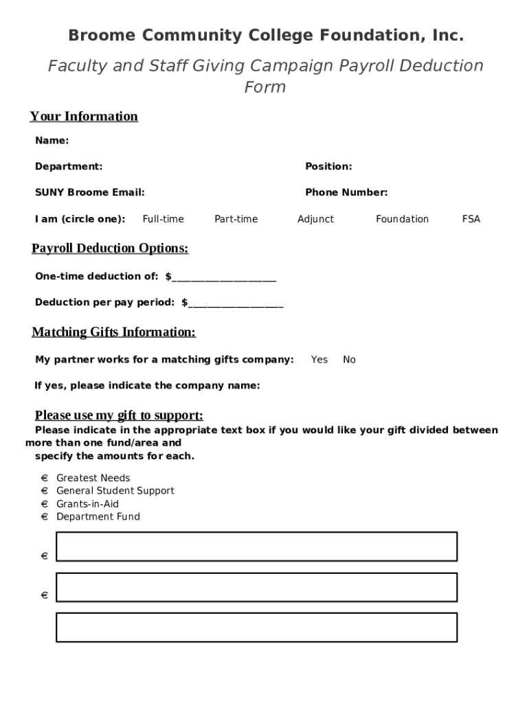 Faculty and Staff Campaign Payroll Deduction - www2 sunybroome Doc Template | pdfFiller