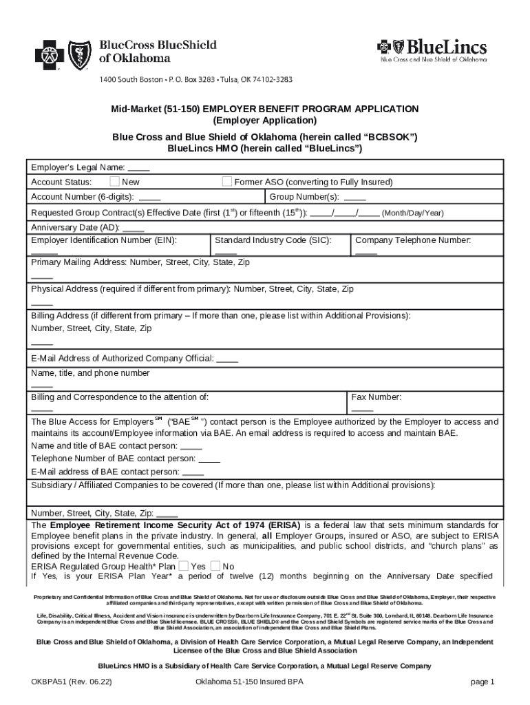 BCBSOK Benefit Program Application for Mid-Market Groups Doc Template ...