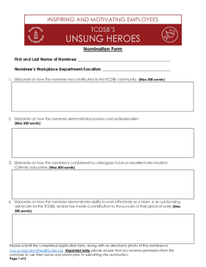 Fillable Online TCDSB's Unsung Heroes Nomination Form. TCDSB's Unsung Heroes Nomination Form Fax ...