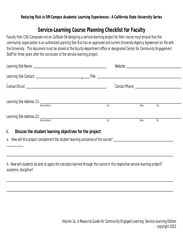Service-Learning Course Planning Checklist for Faculty Doc Template | pdfFiller