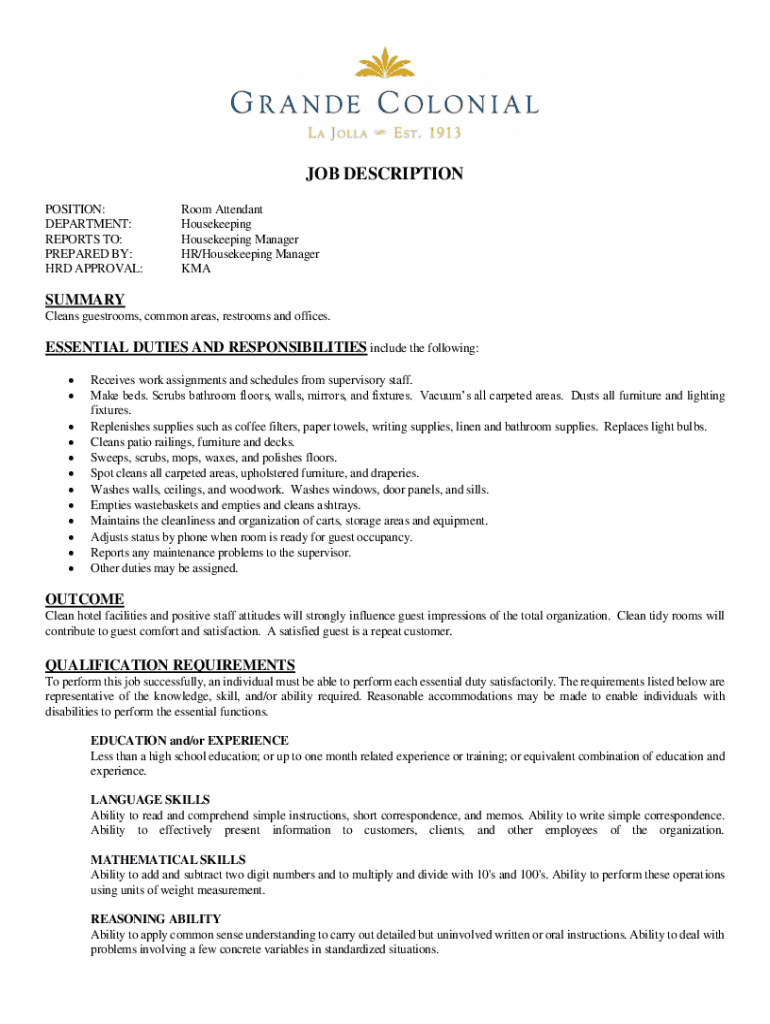 Fillable Online Housekeeping Job Description Template Fax Email Print ...