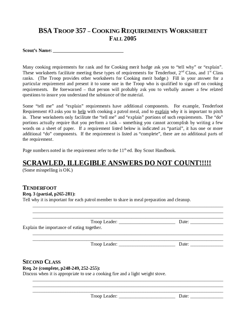 Cooking Planning - Troop 357 - pdf Doc Template | pdfFiller