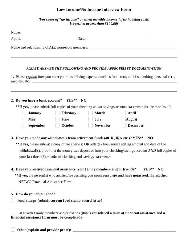 Low Income/No Income Interview Doc Template | pdfFiller