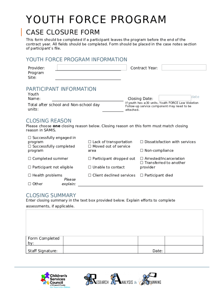 Youth FORCE Case Closure Doc Template | pdfFiller