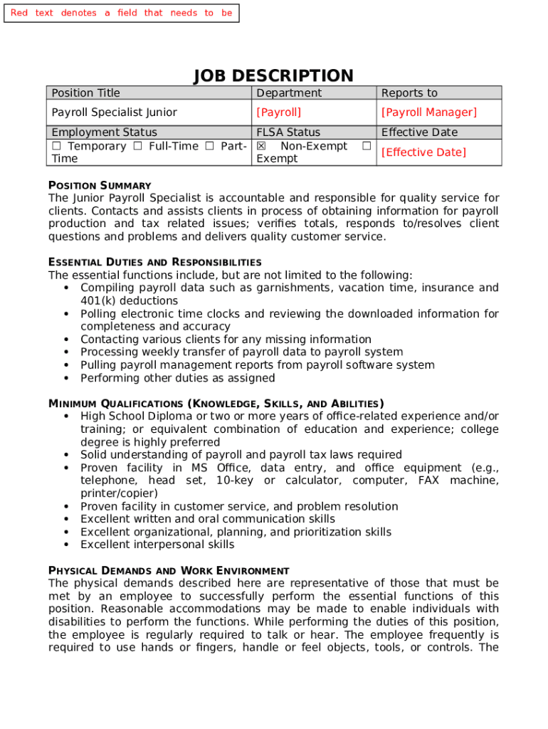 Job Title: Payroll Specialist Exemption Status/Test Doc Template ...
