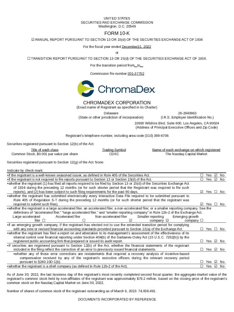 ChromaDex Corp. ( - cloudfront.net Doc Template | pdfFiller