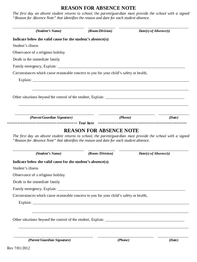 Reason For Absence Note available here. Doc Template | pdfFiller
