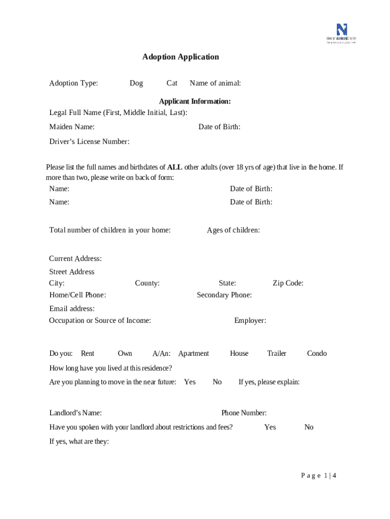 Adoption ApplicationFinding Shelter Animal Rescue Doc Template | pdfFiller