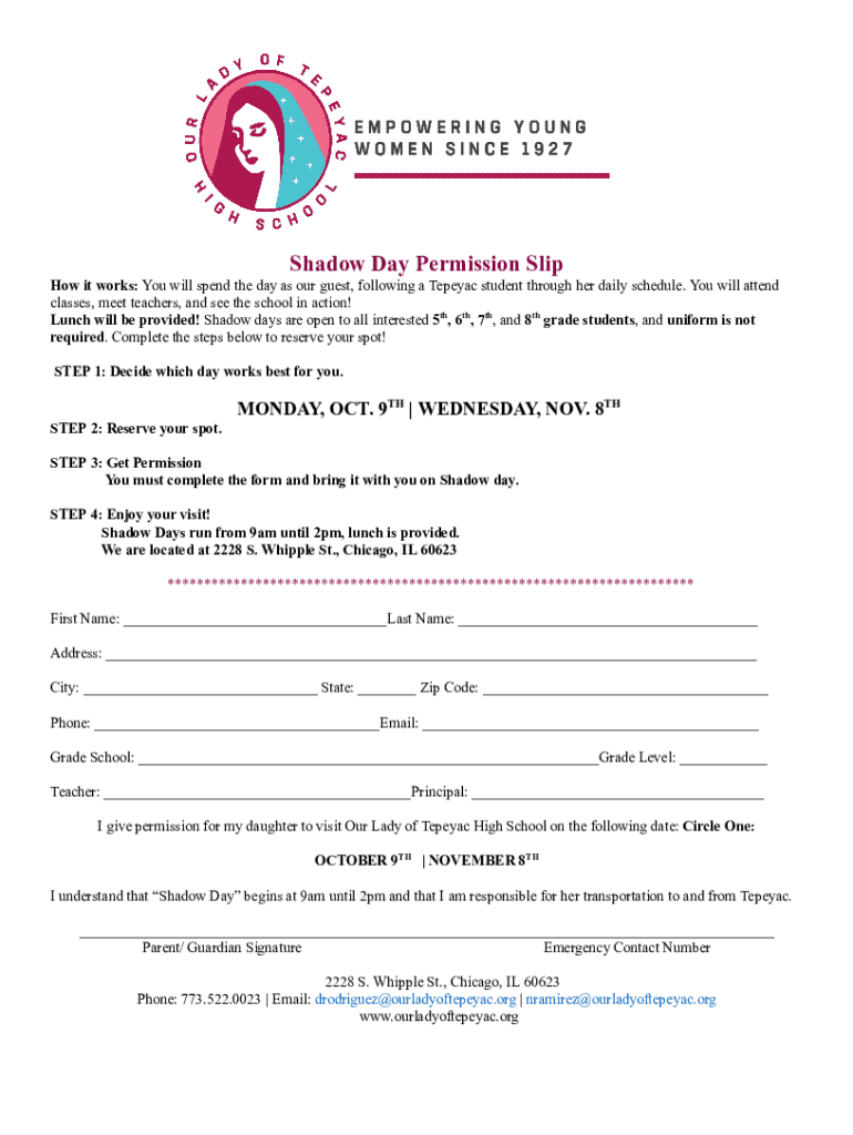 Fillable Online Fillable Online ourladyoftepeyac Shadow Day Permission ...