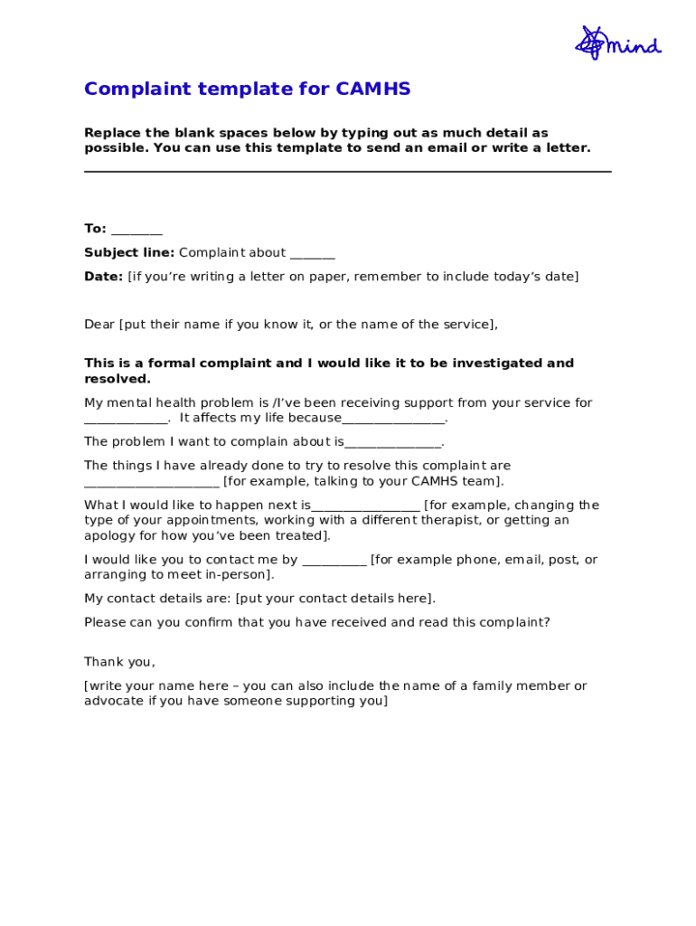 Complaint template for CAMHS Doc Template | pdfFiller