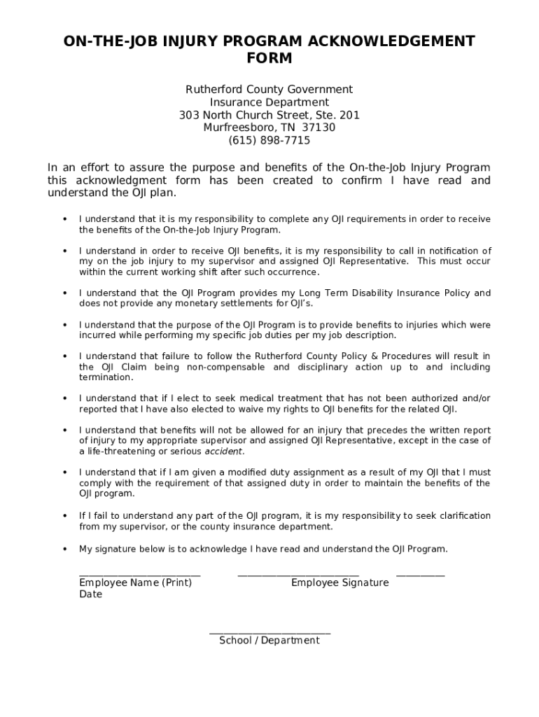 ON-THE-JOB INJURY PROGRAM ACKNOWLEDGEMENT ... Doc Template | pdfFiller