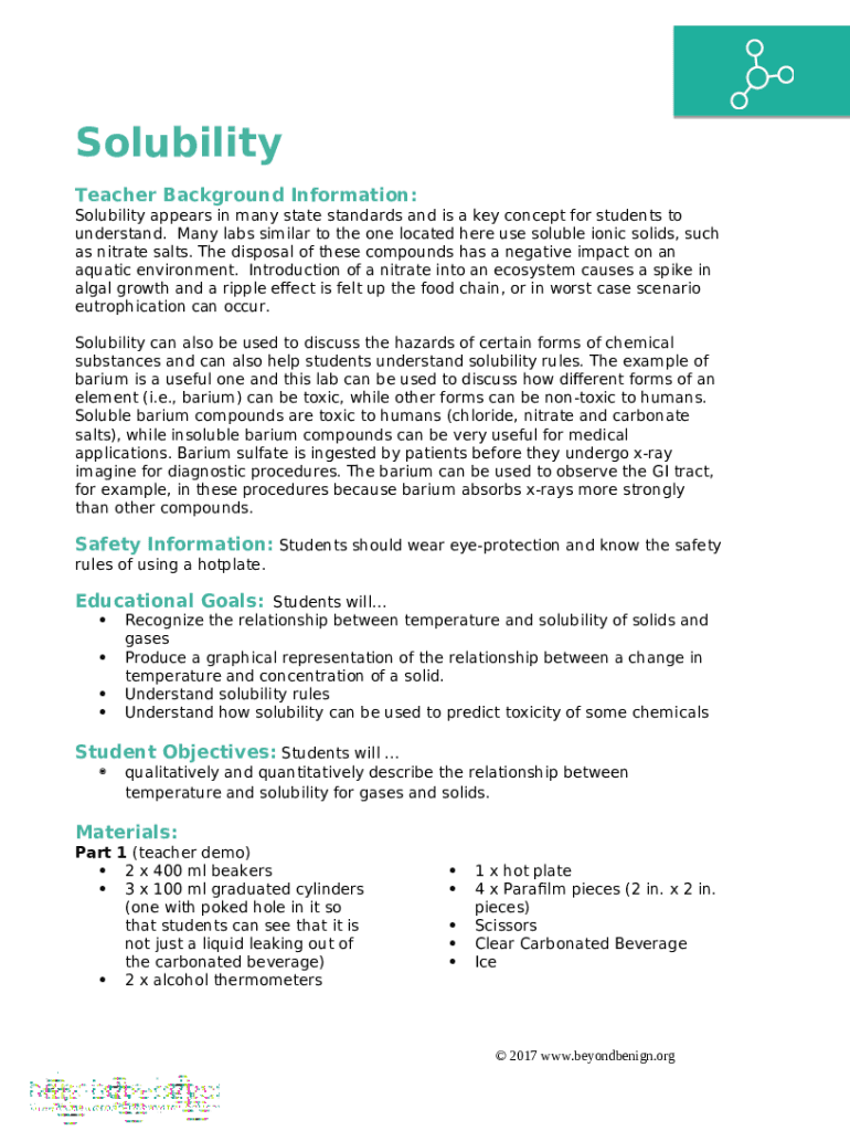 Student Worksheet Part 2: Solubility of Solids Doc Template | pdfFiller