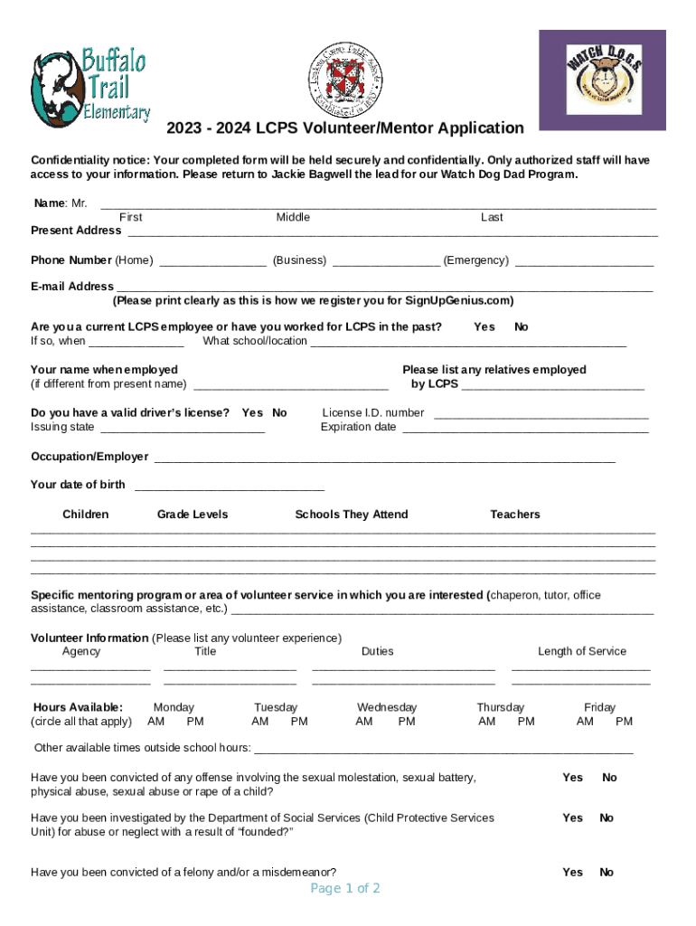 For Parents / LCPS - Volunteer/Mentor Application Doc Template | pdfFiller
