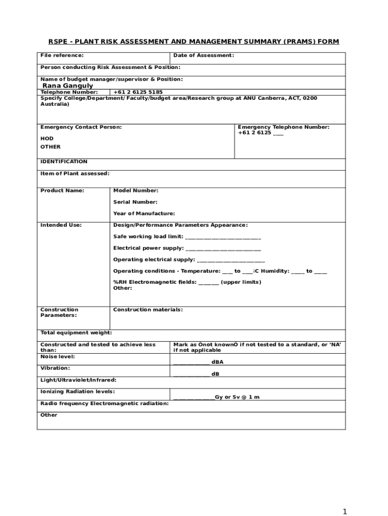 ANU - PLANT RISK ASSESSMENT AND MANAGEMENT SUMMARY (PRAMS) Doc Template ...