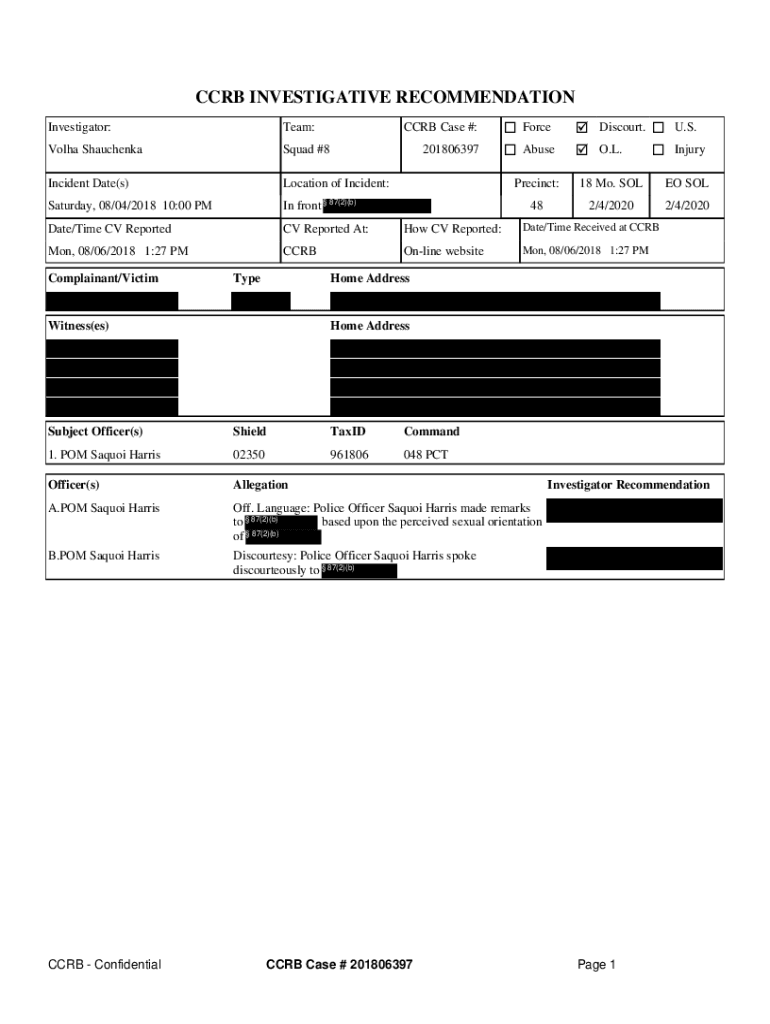 Fillable Online New York City Civilian Complaint Review Board (CCRB Fax ...
