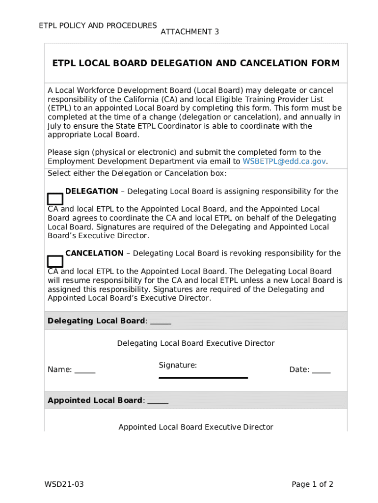 etpl local board delegation and cancelation - EDD - CA.gov - edd ca Doc Template | pdfFiller