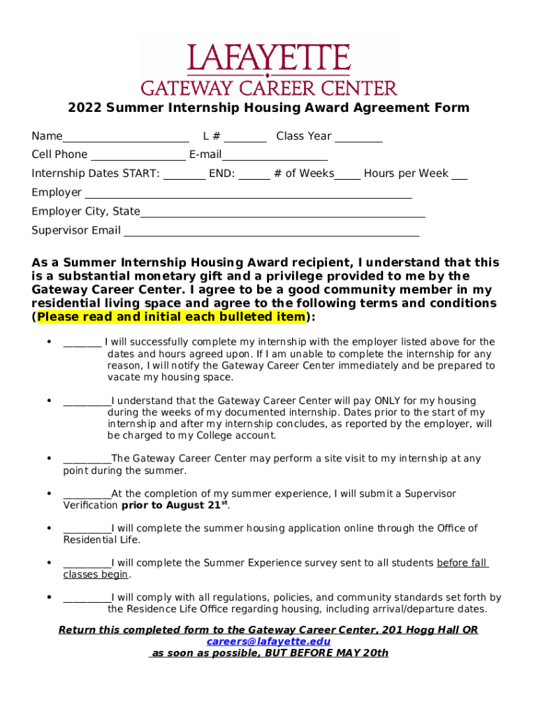 2022 Summer Internship Housing Award Agreement Doc Template | pdfFiller