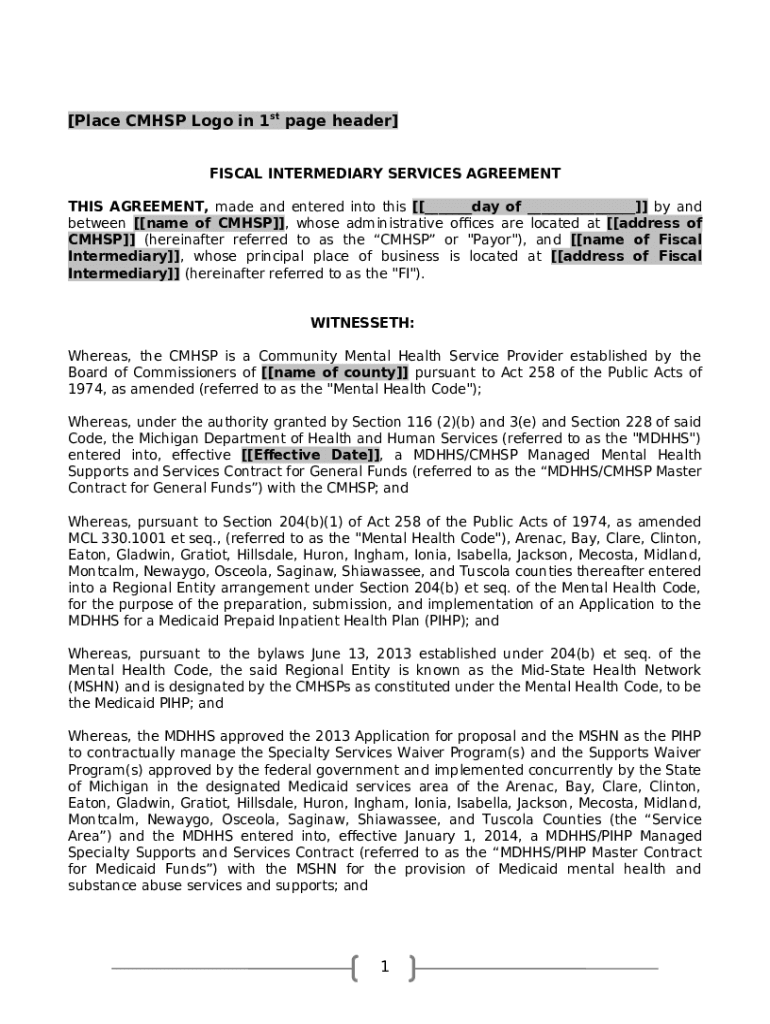 FISCAL INTERMEDIARY SERVICES AGREEMENT Doc Template | pdfFiller