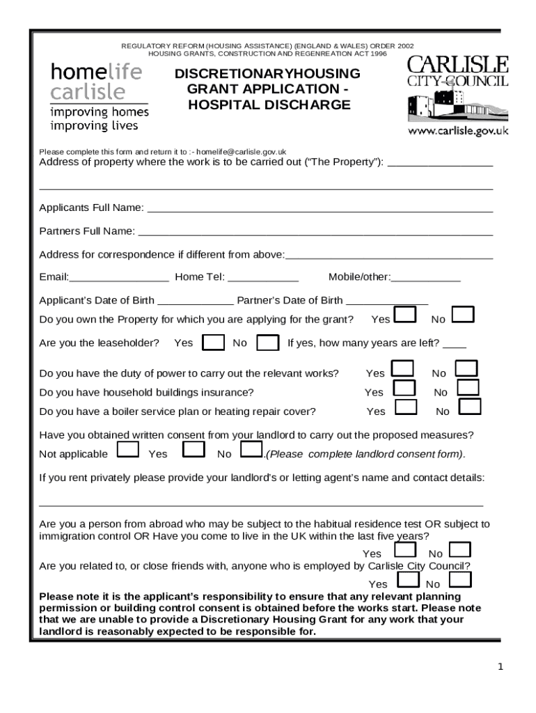 DHI Hospital discharge Application Doc Template | pdfFiller