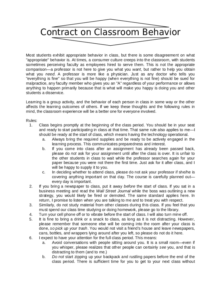 Classroom Behavior Contract Handout. Rules for classroom conduct ...