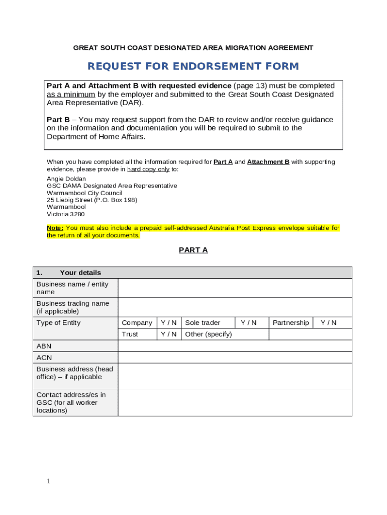 Request for Endorsement - Great South Coast DAMA Doc Template | pdfFiller