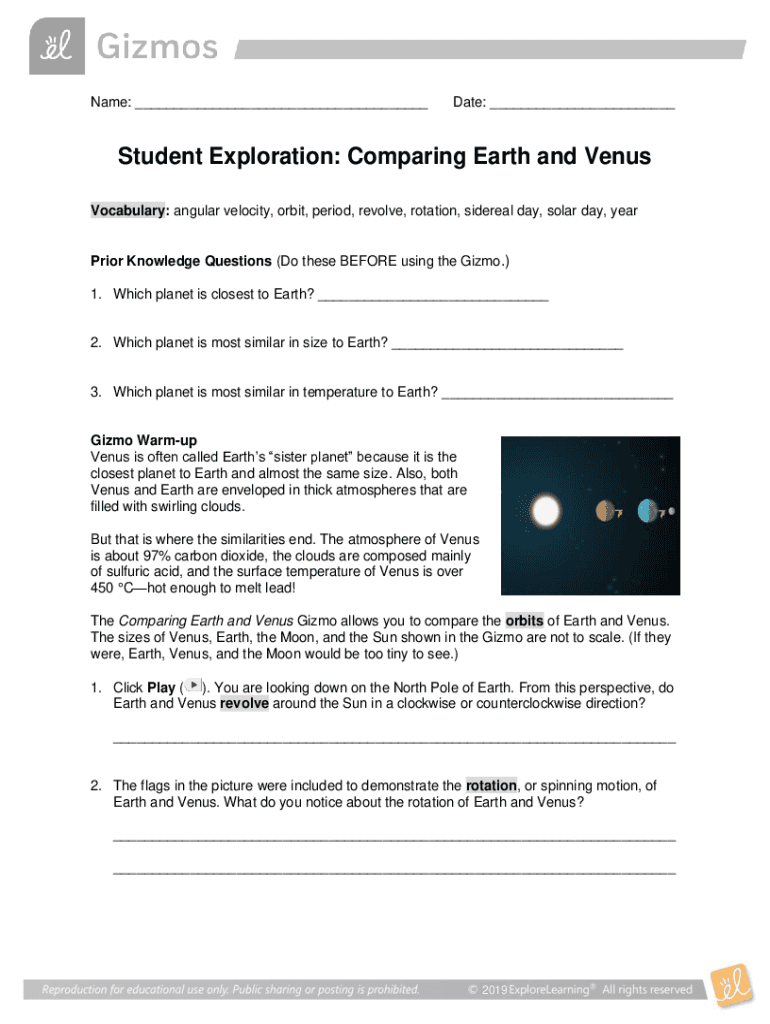 Fillable Online Katherine Parks - Comparing Earth and Venus - Name ...