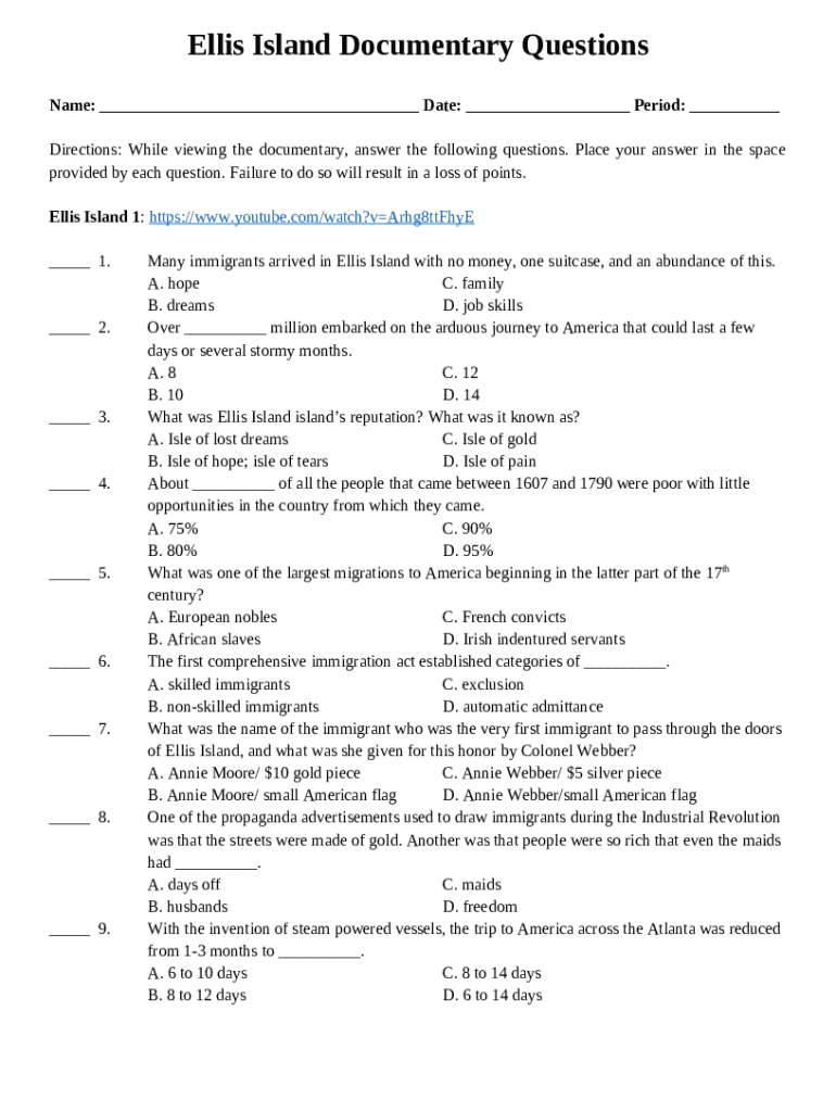 Ellis Island Documentary Questions Doc Template | pdfFiller