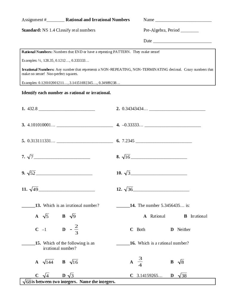 Assignment #- Rational and Irrational Numbers Doc Template | pdfFiller