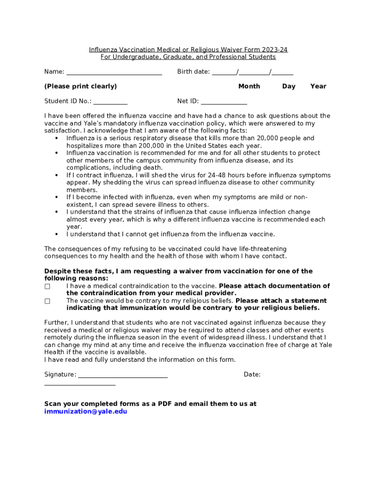 Influenza Vaccination Declination - Yale Health - yalehealth yale Doc ...