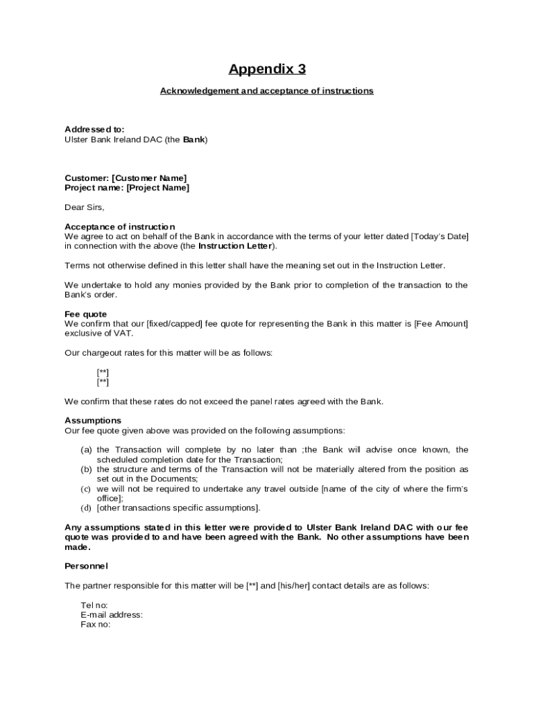 Acknowledgement and acceptance of instructions Doc Template | pdfFiller