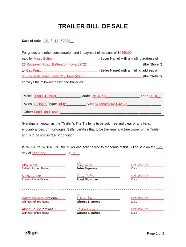 SAMPLE Trailer Bill of Sale Doc Template | pdfFiller