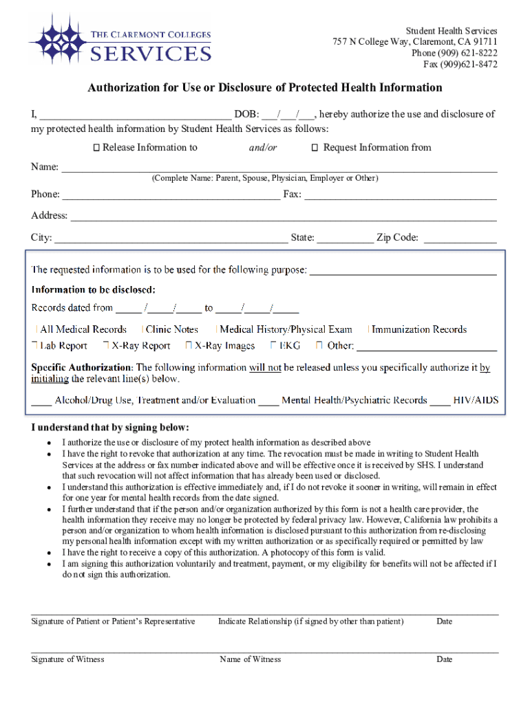 Fillable Online Student Health Service - Claremont, CA Fax Email Print ...