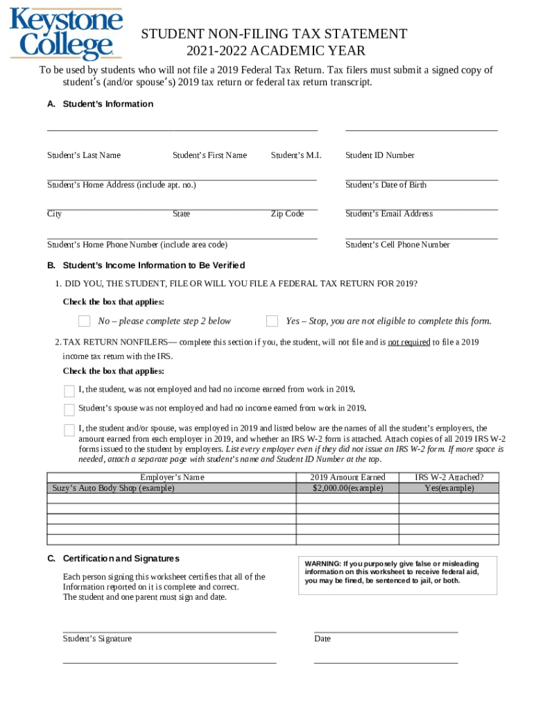 2021-2022 STUDENT NON TAX FILER STATEMENT Doc Template | pdfFiller