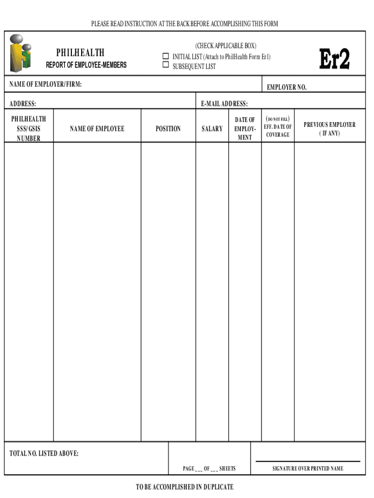 Fillable Online PH PhilHealth Er2 - Fill and Sign Printable Template ...