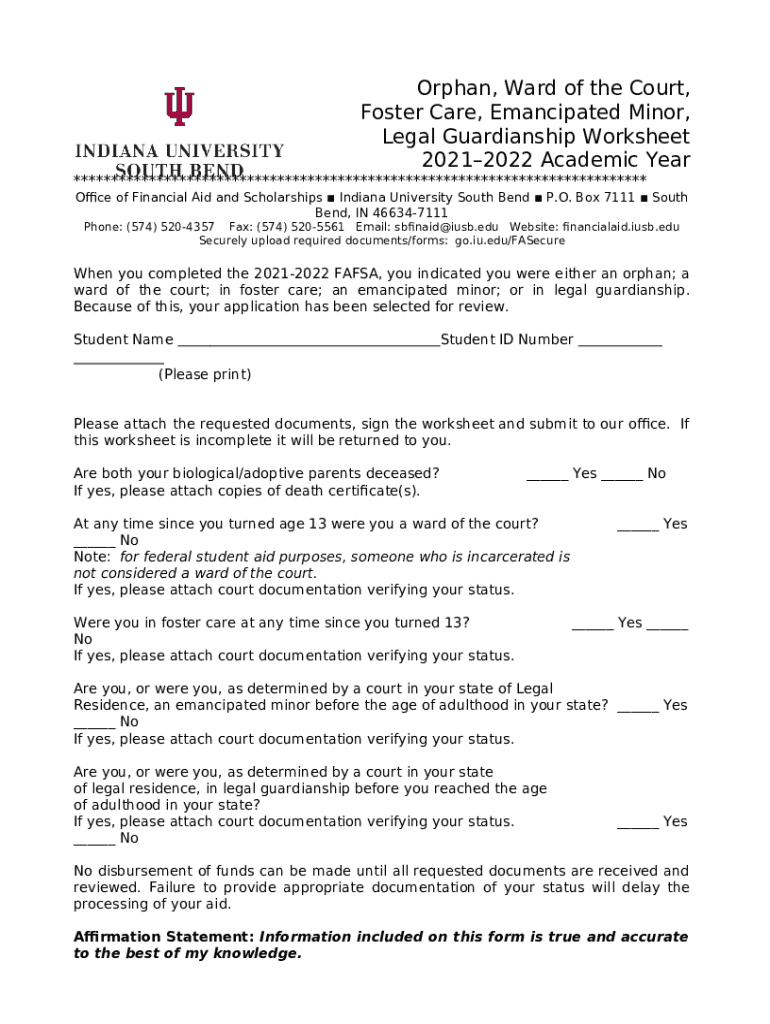 Orphan or Ward of the Court Worksheet ... Doc Template | pdfFiller
