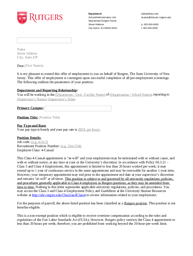 RU Class 1-Offer Letter 7-1-15 - ohr rutgers Doc Template | pdfFiller