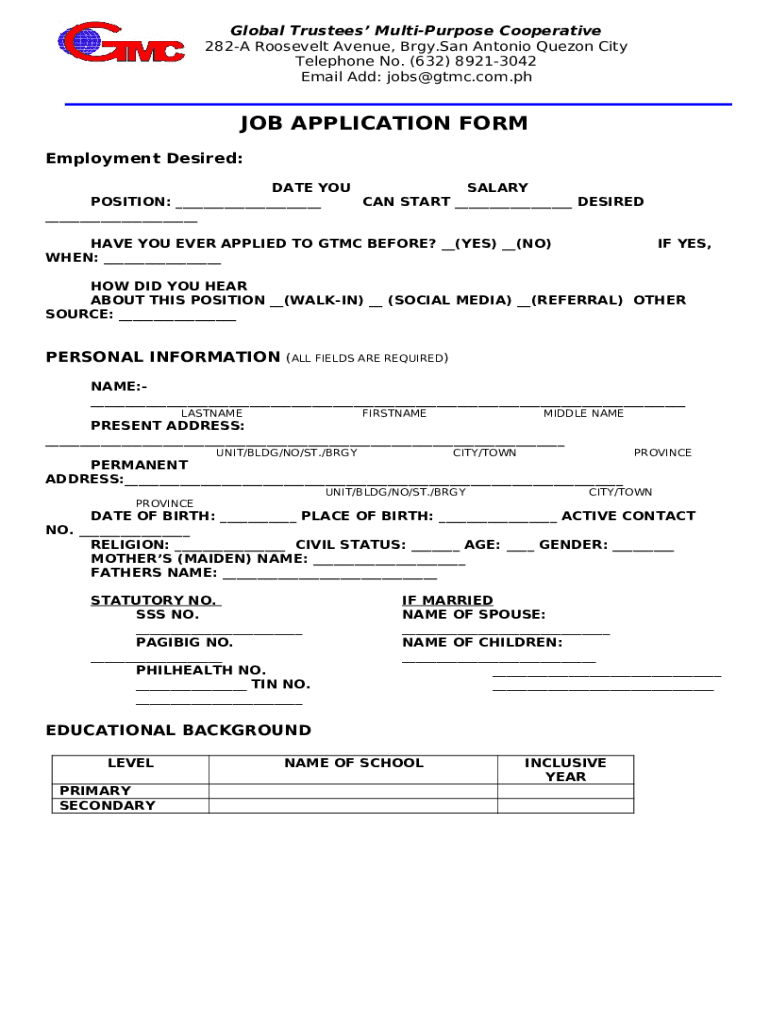 JOB APPLICATION Employment Desired Doc Template | pdfFiller