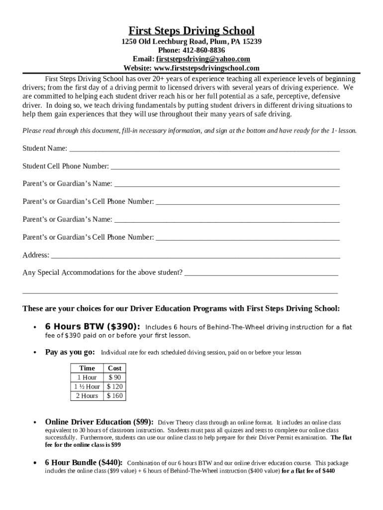 First Steps Driving School -- Contact Us Doc Template | pdfFiller